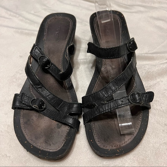 Teva | Shoes | Teva Black Cork Leather Shoes Sandals Wedges 7 | Poshmark
